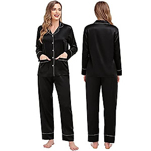SWOMOG Womens Silk Satin Pajamas Long Sleeve Loungewear Two-piece Sleepwear Button Down Pj Set Black