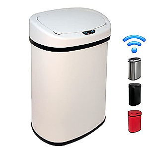 Hkeli 13 Gallon50 Liter Garbage Can Automatic Trash Kitchen Touch Free High Capacity with Lid Brushed Stainless Steel Waste Bin for Bathroom Bedroom Home Office (White), 17.3 x 13 x 23.6 inches