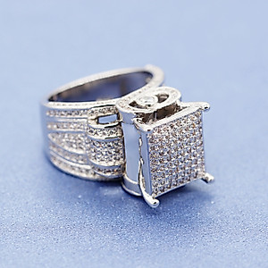 Uloveido Women's 0.4" Wide Square Cluster Engagement Heart Architecture Ring, Cocktail Bling Ring for Her RA0221 (Platinum, 8)