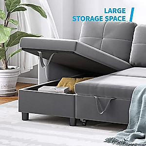 Mjkone 3 Seat L-Shape Sectional Sofa Couch with Pull Out Bed and Reversible Storage Chaise, Modern 84 Inch Sleeper Sofa with Breathable Velvet Fabric for Living Room, Light Gray