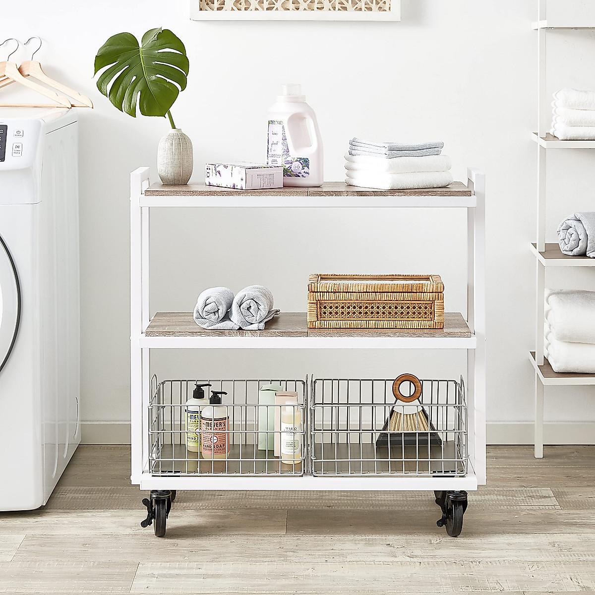 Atlantic Modular Mobile Storage Cart System, with Interchangeable Shelves & Baskets, Powder-Coated All-Steel Frame, 3-Tier, Caster Wheels for Mobility, PN 23350328, in White