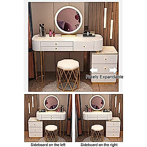 OLOTU Nordic Vanity Desk with Glass Tabletop, Makeup Vanity with Ergonomic Chair, Dressing Table with Lights Mirror and Drawers
