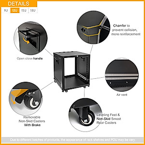 RIVECO POMU 12U Network & Stereo Rack with Caster Wheels, Rolling Server Rack Open Cabinet for 19 inches Audio Video Musical & IT Equipment Mounting, Round & Square Holes, Build in Handles Heavy Duty