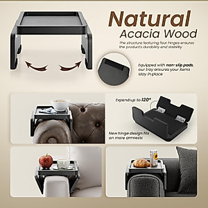 HOLANA Acacia Wood Sofa Armrest Tray -Double Hinge Sofa Arm Tray Table Clip - Couch Arm Table - Wooden Side Tables for Small Spaces for Eating and Drink (Classic, Black)