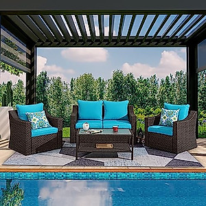 HEYNEMO Outdoor Patio Furniture Sets, 4 Pieces Outdoor Sectional Rattan Sofa Set, Brown PE Wicker Patio Conversation Sets with 8 PCS Lake Blue Washable Cushion and Tempered Glass Table