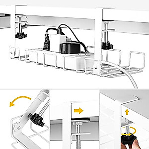 Under Desk Cable Management Tray, 40cm Upgraded No Holes to Drill Under Desk Cord Fodable Clamp Organizer for Wire Management Metal Holder for Home, Office and Kitchen (1 Pack, White)