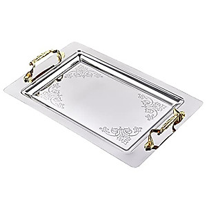 Candymosa Silver Serving Tray with Handles (14”x9”) - Stainless Steel Serving Tray for Drinks and Food - Silver Tray Decorative - Ideal as a Coffee Tray, Bar Tray, Silver Platter or Turkish Tray