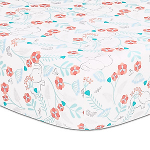 The Peanutshell Safari Love Baby Crib Bedding Set for Girls, 3-Piece Elephant, Coral, Grey and Green | 100% Cotton | Crib Comforter, Fitted Sheet, 3 Tier Crib Skirt Included