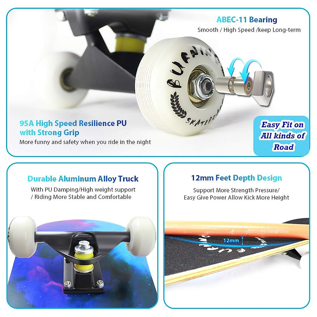 PHOEROS Skateboards -Standard Skateboards for Kids Boys Girls Youths Beginners Starter-Complete Skate Boards 31''x 8''Canadian Maple Pro Cruiser