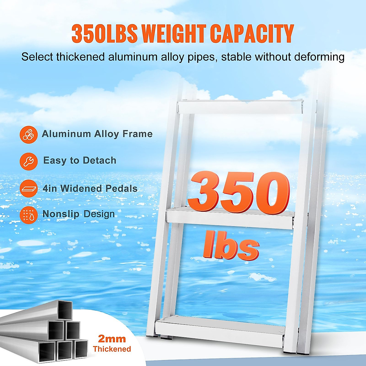 VEVOR Removable Dock Ladder 4 Step, Pontoon Boat Ladder with Mounting Hardware,Aluminum Swim Ladder with Nonslip Design, Each Step 16" x 4", 350Lbs Load, for Lake, Marine Boarding, Pool