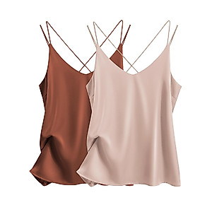 Ekouaer Womens 2-Pack Silk Satin Camisole Tank Top V Neck Sexy Cross Back Spaghetti Strap Cami Sleeveless Lounge Tops