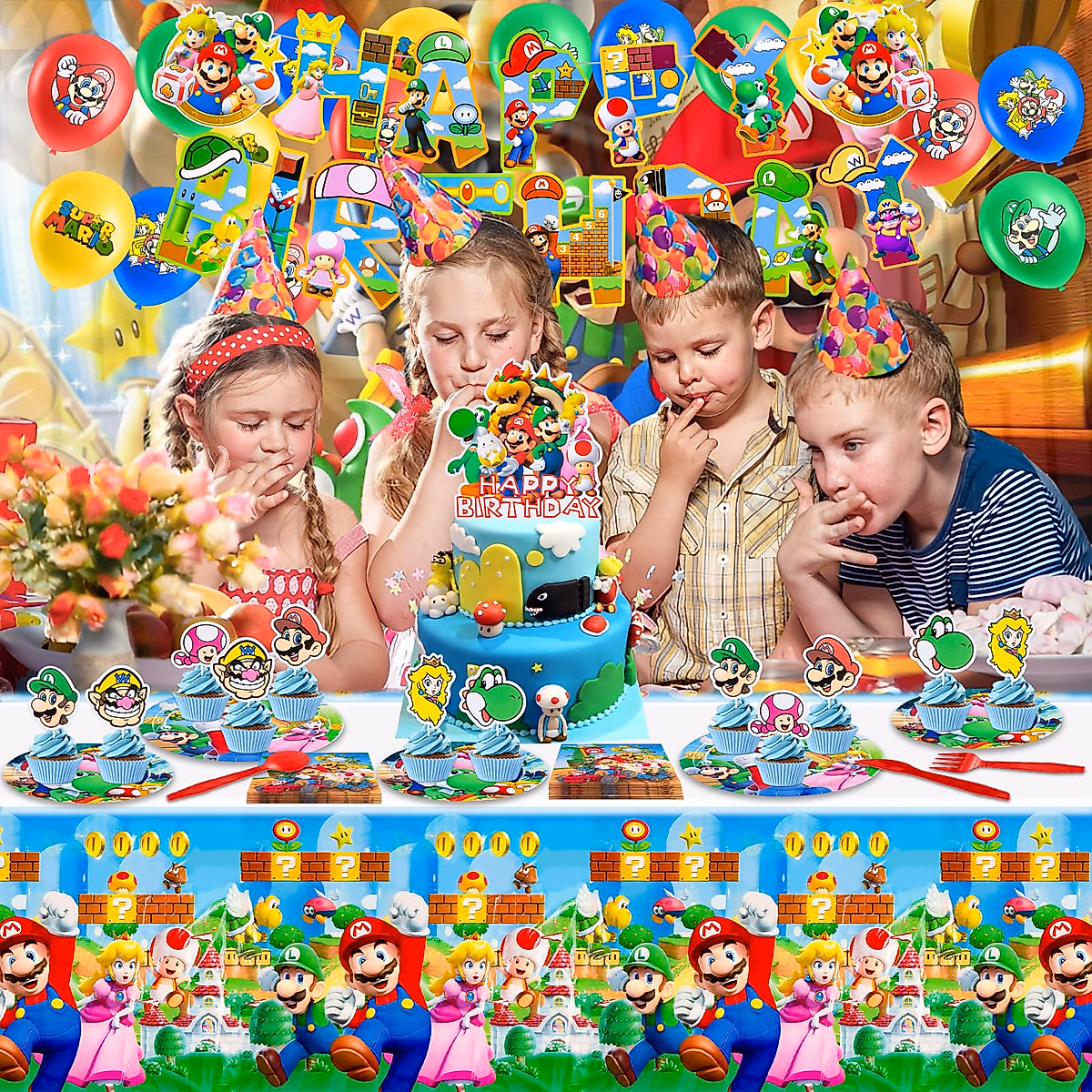 104 PCS Marrio Birthday Party Supplies, Cute Marrio Birthday Party Decorations with Marrio Birthday Plates, Birthday Banner, Balloons, Knives, Forks, Spoons, Napkins, Backdrop, Tablecloth, Cake Topper