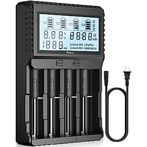 18650 Battery Charger with Testing Functions, POWXS Universal 3.7V Charger for Li-Ion Rechargeable Batteries IMR Lithium 26650 21700 18650 16340 14500 10440, Ni-Mh/Ni-Cd AA AAA C Batteries