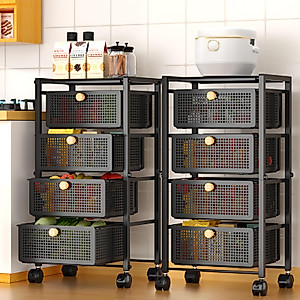 5 Tier Kitchen Rolling Cart with Drawers, Multipurpose Utility Cart, Storage Carts for Kitchen, Rolling Organization Carts with Lockable Wheels & Mesh Basket, Black