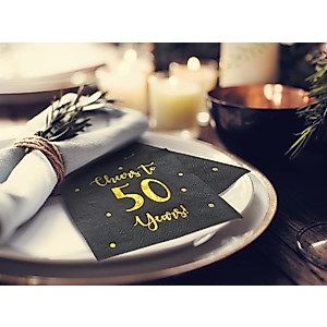 Cheers to 50 Years Cocktail Napkins | Happy 50th Birthday Decorations for Men and Women and Wedding Anniversary Party Decorations | 50-Pack 3-Ply Napkins | 5 x 5 inch folded (Black)