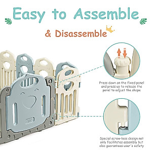 CHEFJOY Baby Playpen Kids 14 Panel, Safety Yard Activity Center, Door with Safety Lock & Lovely Toys, Portable HDPE Indoor Outdoor Play Fence with Non-Slip Rubber Suction Cup