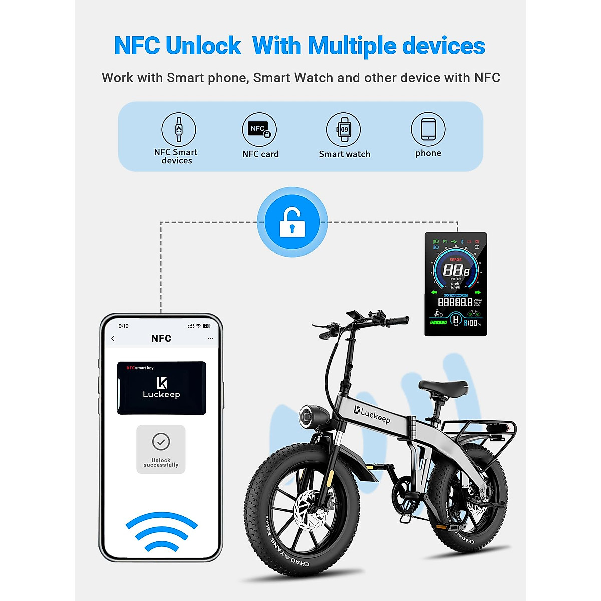 Luckeep Folding Electric Bike for Adults 1500W Peak Motor, 28MPH 60 Miles,720WH Removable Battery 20'' x 4.0 Fat Tire Ebikes for Adults with Hydraulic Brakes, NFC Unlock, APP, UL 2849 E-Bike