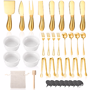 38 Pcs Charcuterie Board Accessories Utensils Include Cheese Knife Set Charcuterie Bowls Cheese Markers Serving Tongs Spoons and Forks Honey Dipper for Butter Cheese and Pastry Making (Gold)