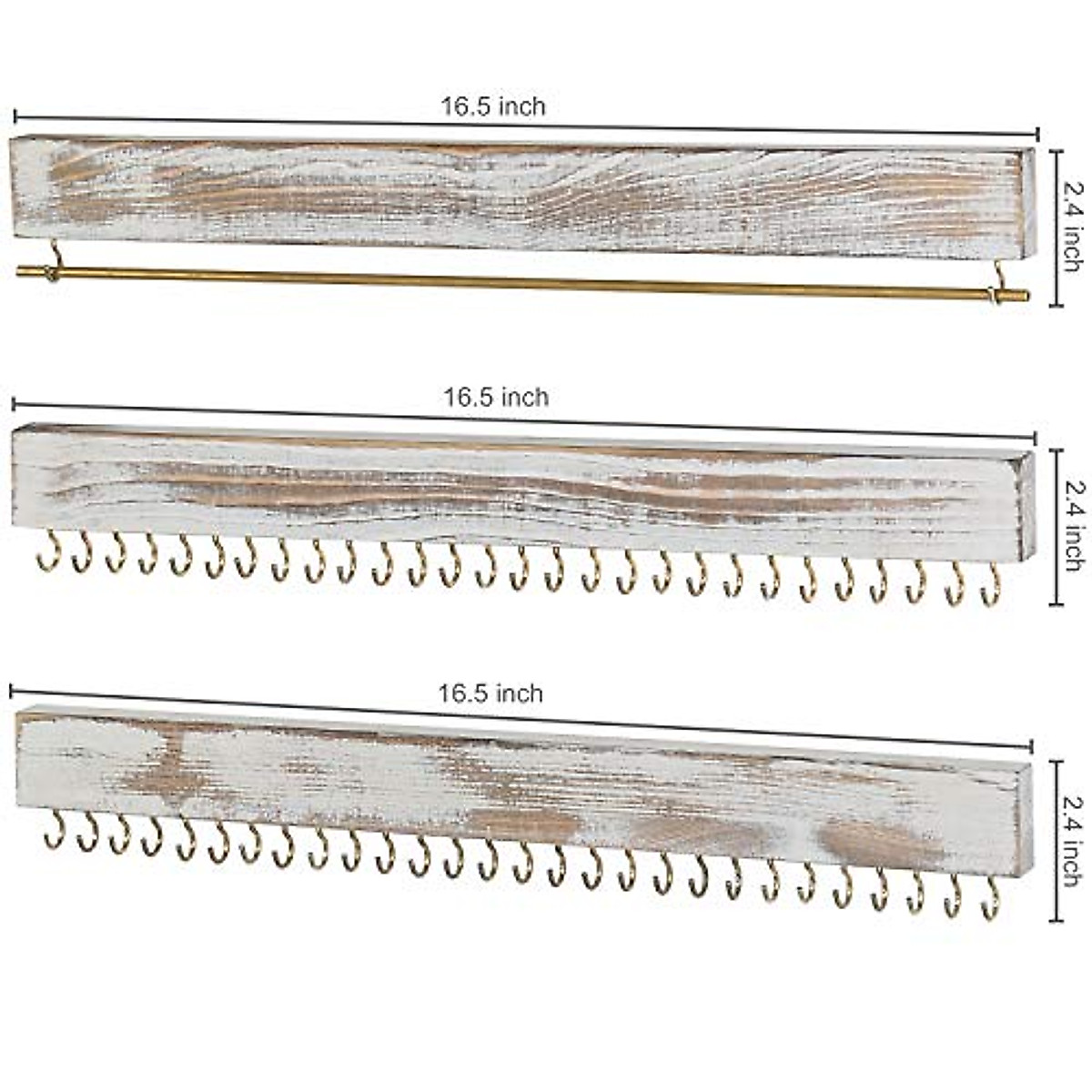 MyGift 3 Piece Hanging Jewelry Rack for Wall, Whitewashed Wood Jewelry Organizer with Brass Metal Hooks and Rod for Holding Earrings, Bracelets, and Necklaces