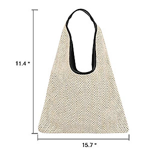 QTKJ Hand-woven Straw Shoulder Bag Boho Black Leather Top Handle Tote Retro Summer Beach Bag Holiday Travel Handbag (White)