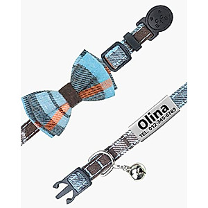 TagME Personalized Cat Collar, Breakaway Tartan Kitten Collar with Cute Bow Tie & Bell, Stainless Steel Slide-on Pet ID Tag Engraved with Name & Phone Numbers, Haze Blue