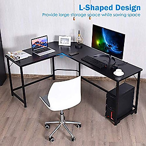 Tangkula L-Shaped Desk, 66 Inch Home Office Computer Desk PC Laptop Study Table with CPU Stand & Spacious Surface, Computer Workstation with Adjustable Foot Pads, Black
