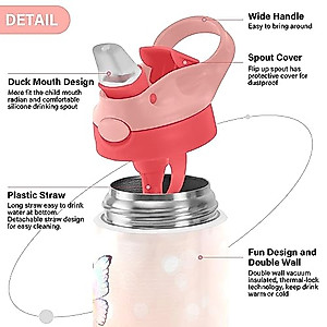 Kigai Flowers Butterfly Pink Kids Water Bottle, Insulated Stainless Steel Water Bottles with Straw Lid, 12 oz BPA-Free Leakproof Duck Mouth Thermos for Boys Girls