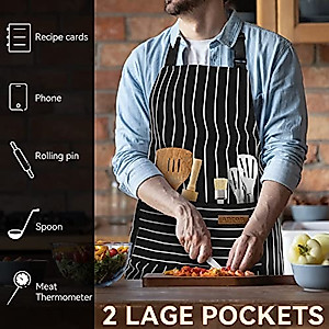 Riqiaqia 2 Pack Kitchen Cooking Aprons, Soft Cotton Apron with 2 Pockets for Women Men Chef (Black Stripes,2)