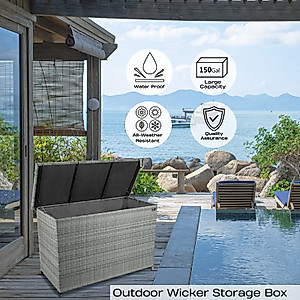 Polar Aurora Outdoor Large 150 Gallons Wicker Waterproof Lockable Storage Container Deck Box w/waterproof Inner Liner, Lid, Handle and Wheels for Patio, Porch, Garden, Yard, can Store Cushions, Garden Tools, Pool Accessories (Grey)