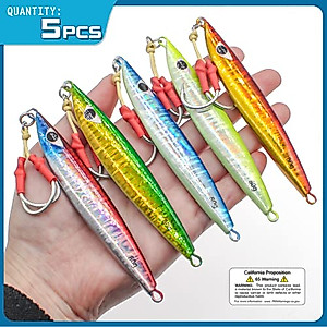 Gefischtter 5pcs Fishing Jigs Vertical Saltwater Jigs Metal Jigging Spoon Lure Slow Jigging Pitching Artificial Deep Sea Glow Lead Jigs with Assist Hooks for Tuna,Bass,Dogtooth,Grouper/80g
