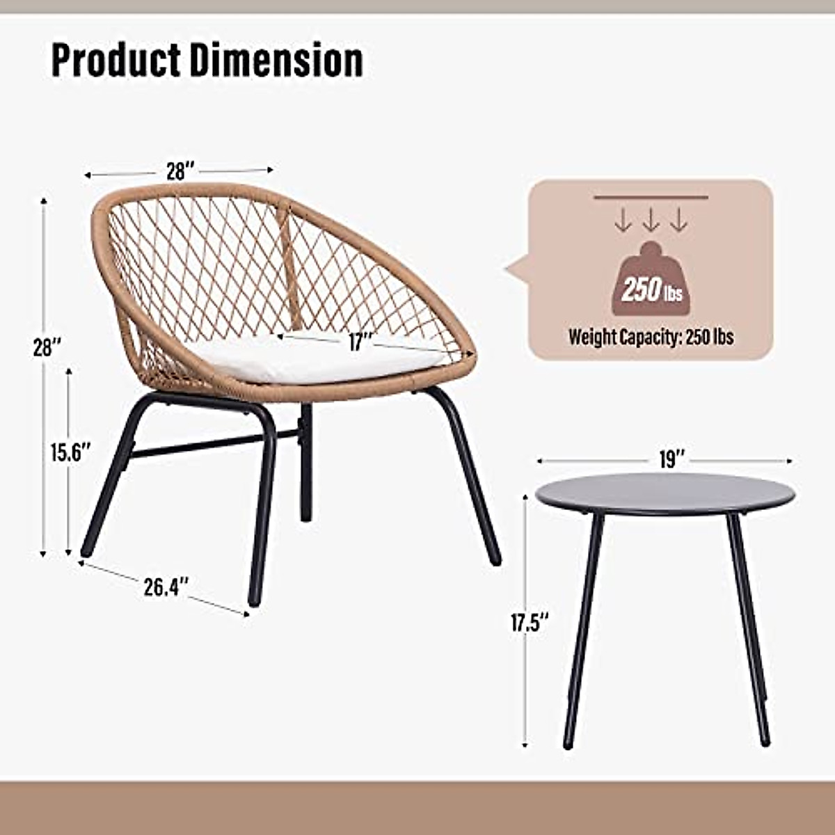 LAUSAINT HOME 3 Piece Patio Bistro Set, Outdoor Wicker Patio Furniture Sets with 2 Wide Chairs and Coffee Table, All-Weather Patio Conversation Set with Diamond Weave Design for Backyard, Balcony