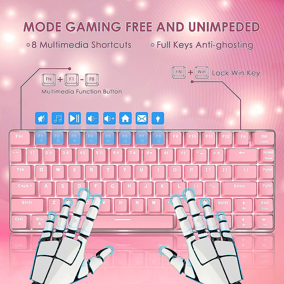 FELICON Pink Mechaincal Gaming Keyboard and Mouse Pad Combo Blue Switches USB Wired White Backlit Compact 82 Keys Anti-ghosting,Compatible with Windows PC Laptop Mac Game Office