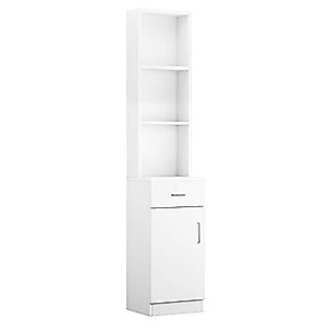 70.08inch Tall 3-Tier Bookcase with Drawers - White Narrow Bookcase with Cabinet , Open Storage Display Cabinet, 3-Cube Bookshelf for Living Room, Bedroom, Office 178 x 34 x 33 cm(L x W x H)