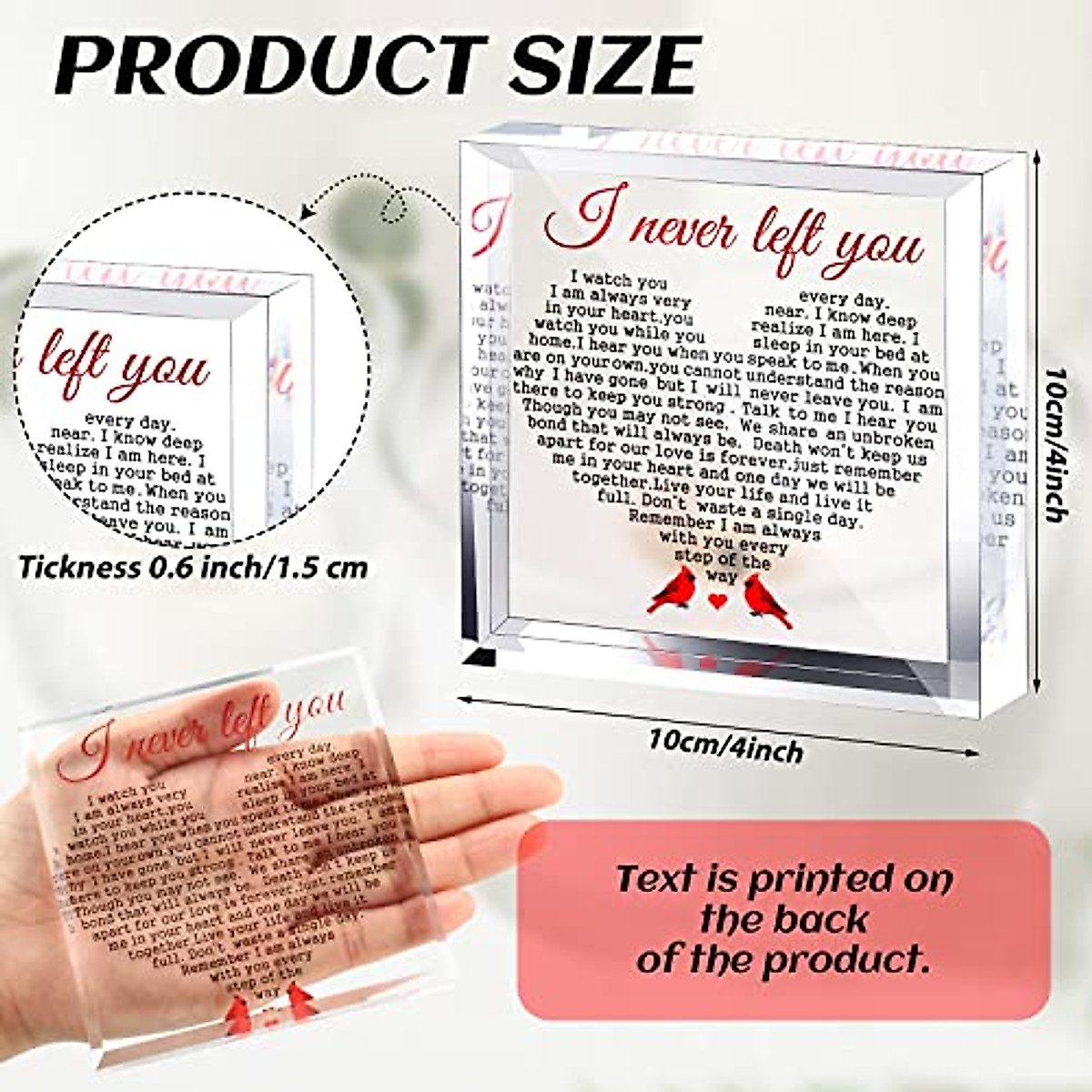 Red Cardinal Acrylic Sympathy Gifts I Never Left You Memorial Bereavement Gifts with Remembrance Condolence Gift for Loss of Loved One Loss of Father Loss of Mother Grieving Gifts Keepsake Paperweigh