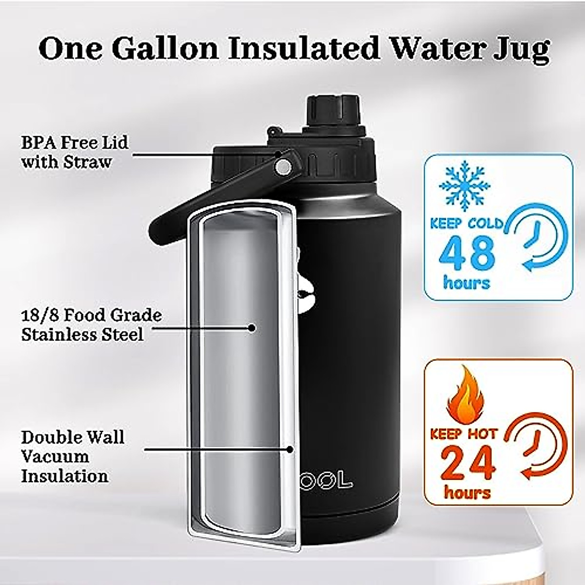 LiqCool 1 Gallon Water Jug, 128oz Insulated Water Bottle, Large Vacuum Gallon Stainless Steel Water Bottle With Handle, Wide Mouth Leak Proof Thermo Bottle for Outdoors Camping, Black