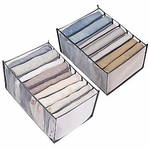 JINLU Wardrobe Clothes Organizer 7 Grids 9 Grids （2-Piece），Clothes Organizer for Folded Clothes Washable Drawer Organizers for Clothing Divided Mesh Organizing Box Uitable for Jeans （L，Gray ）