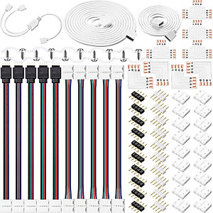 5050 4 Pin RGB 10mm LED Strip Connector Kit RGB Extension Cable, LED Strip Jumper, 2 Way RGB Splitter Cable, L Connectors, T Connector, Gapless Connectors, 4 Pin Male Connector, LED Strip Clips