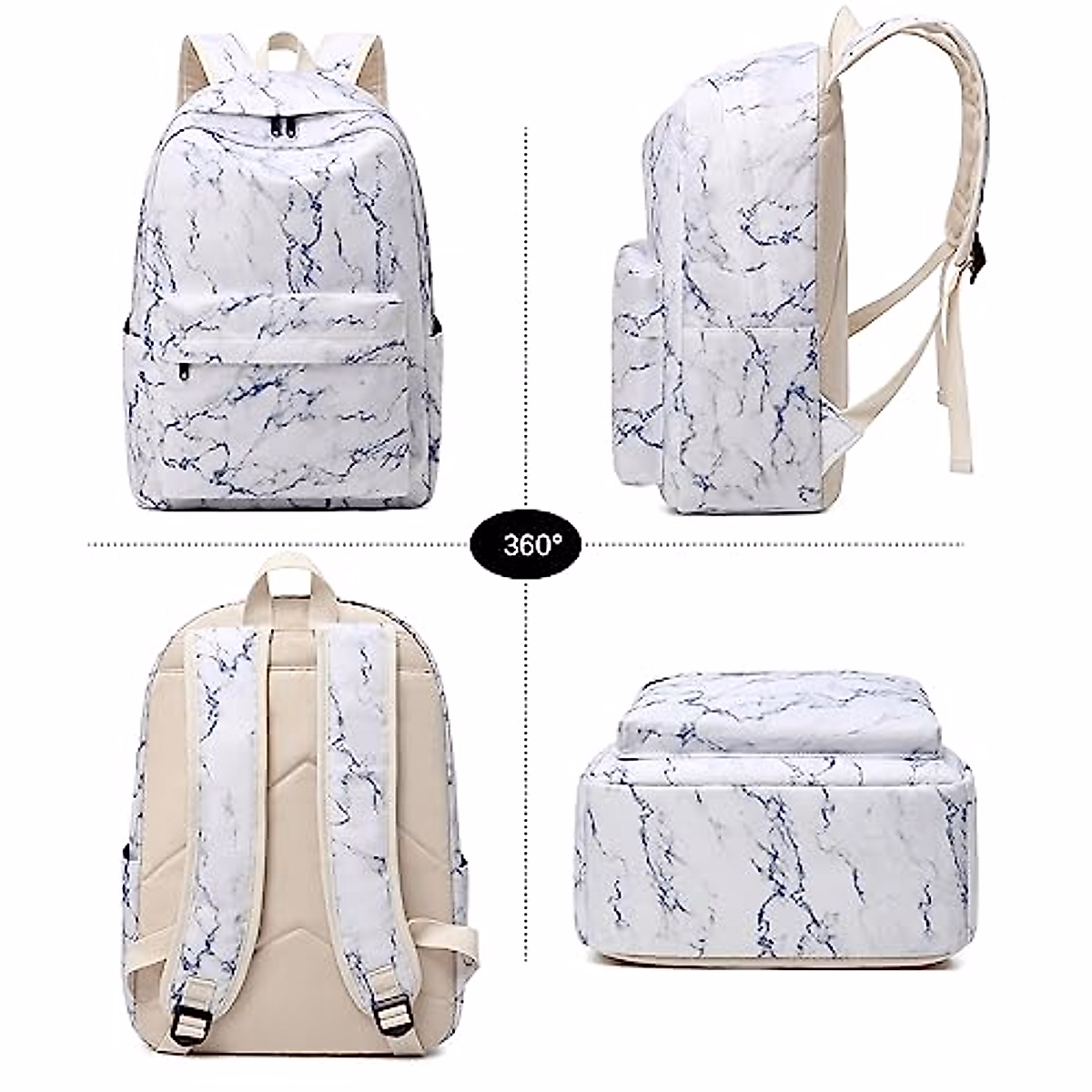 Createy School Backpack for Girls Kids Backpack with Lunch Box Pencil Case Lightweight Marble Prints Backpack Primary Elementary Students Bookbags School Bags Set for Teens