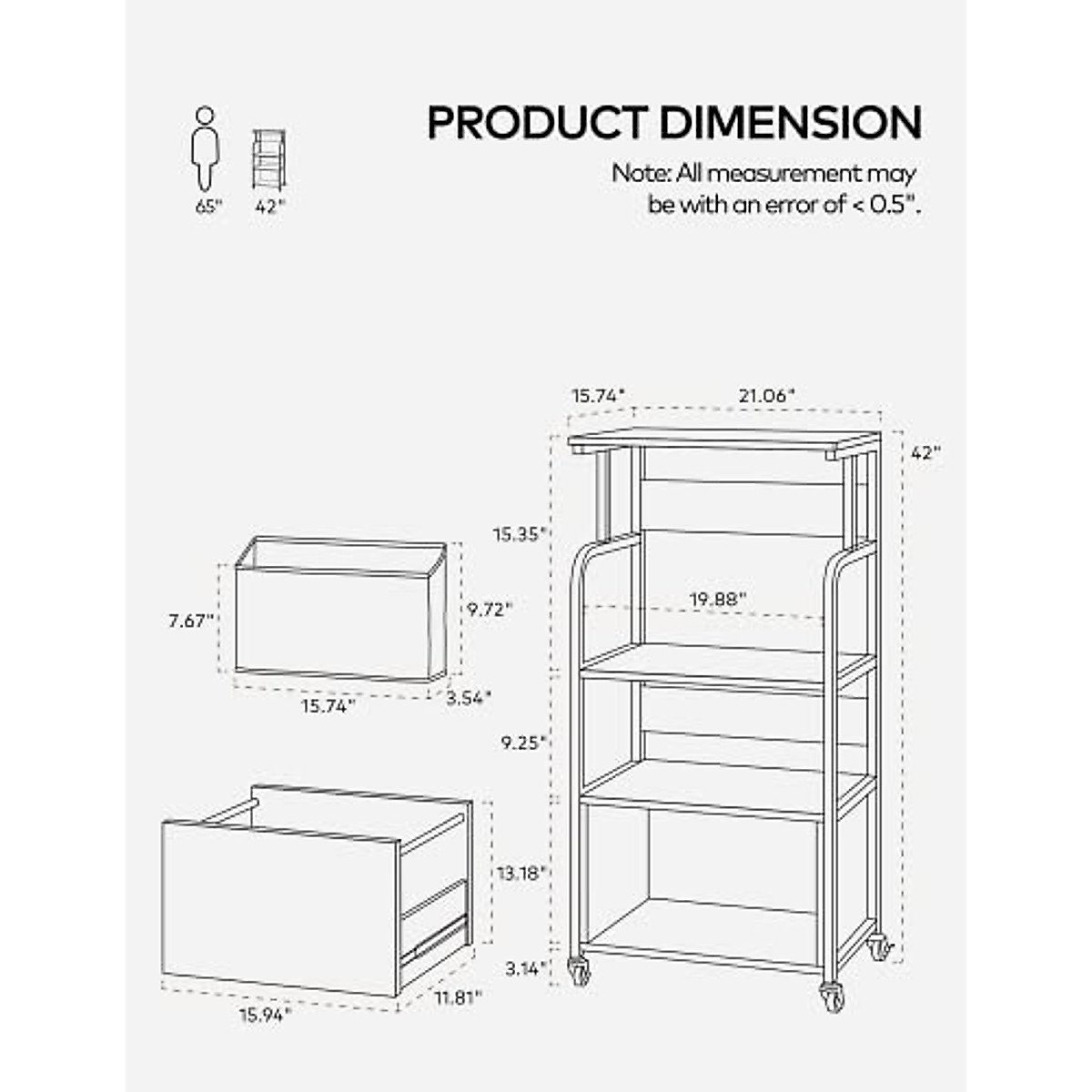 Bealife 3 Tier Home Office Printer Stand with Drawer,Side Canvas Bag, Metal Hook, Tall Mobile Printer Rack Cart with Ample Storage Space, Durable Lockable Casters, Multifunctional in Use - Black
