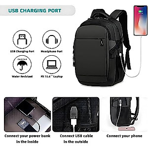 Laptop Backpack for Business Travel and College Study with Integrated USB Charging Port, Fits Laptops up to 15.6 Inch, Black, Anti-Theft, Great for Hiking, Waterproof, Scratch Resistant, Reinforced