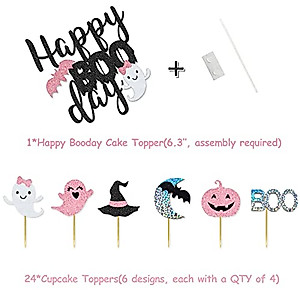 94 Packs Pink Black Halloween Birthday Party Kit Happy Boo Day Banner Cake Topper Halloween Ghost Cupcake Toppers Skeleton Bat Mylar Balloons for Pink and Black Halloween Birthday Party Decorations