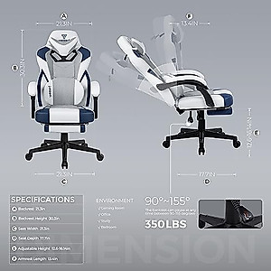 Vigosit Gaming Chair PRO- Gaming Chair with Footrest, Mesh Gaming Chair for Heavy People, Ergonomic Reclining Gamer Computer Chair for Adult, Big and Tall Office PC Chair Gaming (White Blue)