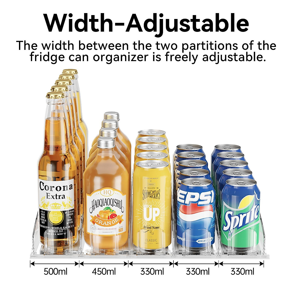 LAMU Drink Organizer for Fridge Automatic Pusher Glide Soda Can Dispenser Width Adjustable Pop Can Holder Beverage Organizer for Refrigerator 14.96"D Adjustable for 6-20oz (White 5 Rows)