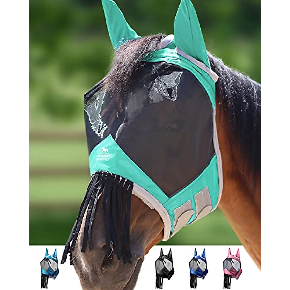 Harrison Howard CareMaster Horse Fly mask with Ears and Nose Fringe Fly Protector Defender Mask Summer Mint Full Size