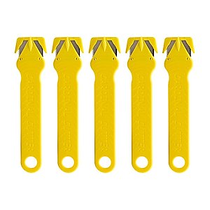 Cardinal Cutter Safety Box Cutter, Cardboard, Shrink Wrap, Plastic Banding & Packaging, Film, Seatbelts, Twine, Bags, Zip Ties - Made In USA - Carbon Steel Blade - Disposable/Recyclable (5, Yellow)
