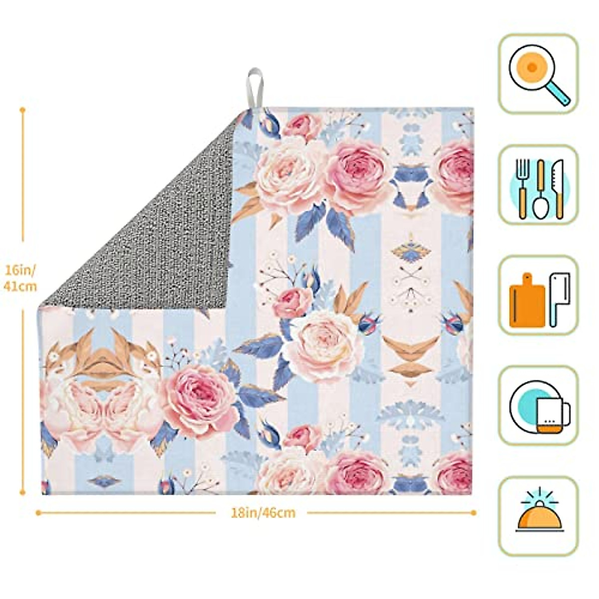 Flowers Stripe Printed Drying Mat For Kitchen Ultra Absorbent Microfiber Dishes Drainer Mats Non-Slip Silicone Quick Dry Pad - 18 X 16inch