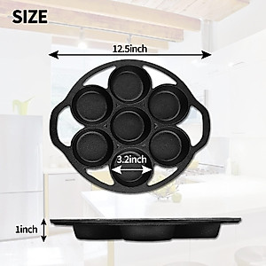 SUNSHNO Cast Iron Biscuit Pan Mini Cake Pan with Handles, Pre-Seasoned Baking Set 7 Cake Baking Tray Maker Pan for Biscuits, Bake Muffins, Cornbread and Scones, Include special steel fork and brush