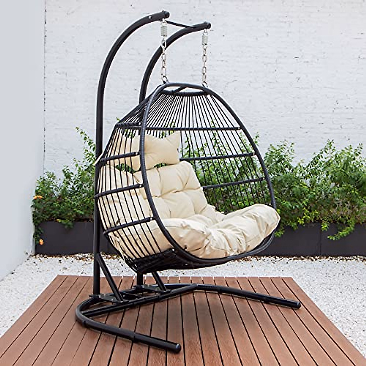 LeisureMod Wicker 2 Person Double Folding Hanging Egg Swing Chair (Beige)