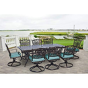 Hanover Traditions 9-Piece Outdoor Patio Dining Set with Rust-Free Cast-Top Aluminum Rectangular Dining Table and 8 Swivel Rockers, and Weather-Resistant Plush Blue Cushions