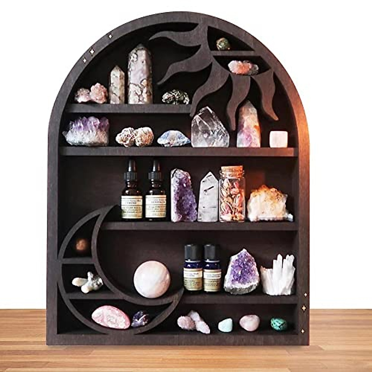 Crystal Shelf Display Crescent Moon Rack Witchy Crystal Holder for Stones Essential Oils Essentials Shelves Wall Decor Rustic Wooden Display Boho Meditation Home Decor (Model8 -Tree)